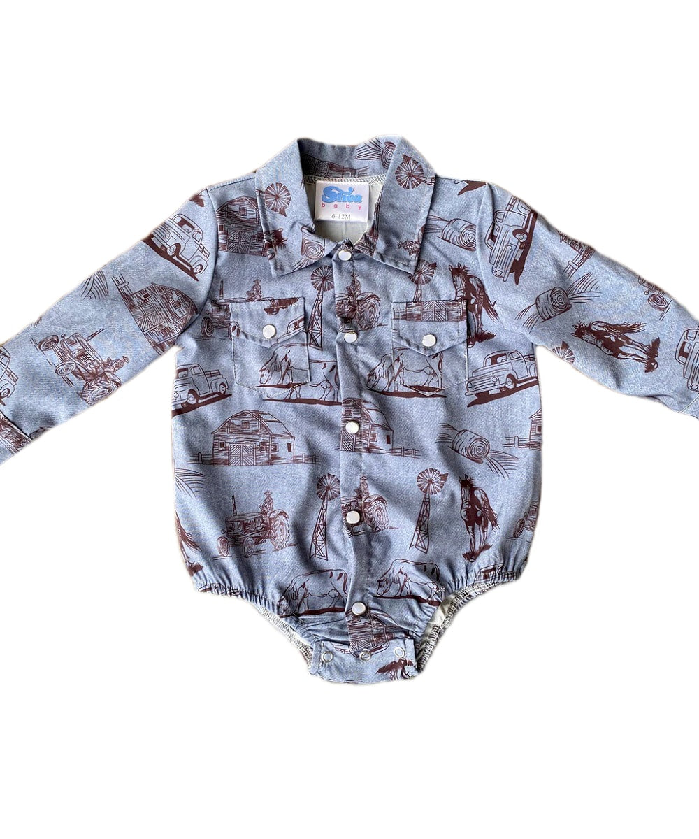 Shea Baby Infant/Toddler Farm Print Snap Onesie - Cowpokes Work and Western